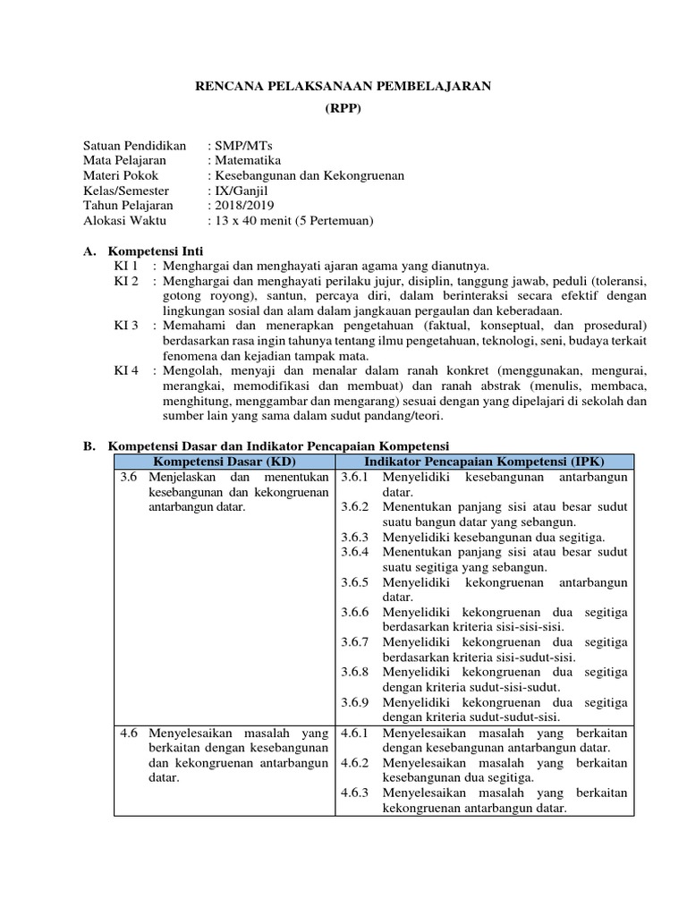 RPP Bab Kesebangunan Dan Kekongruenan | PDF