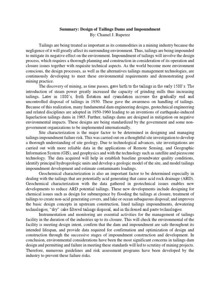 Summary Tailings Design | PDF | Dam | Mining