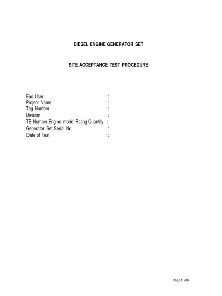 Diesel Engine Generator Set Site Acceptance Test Procedure 48 Jam | PDF ...