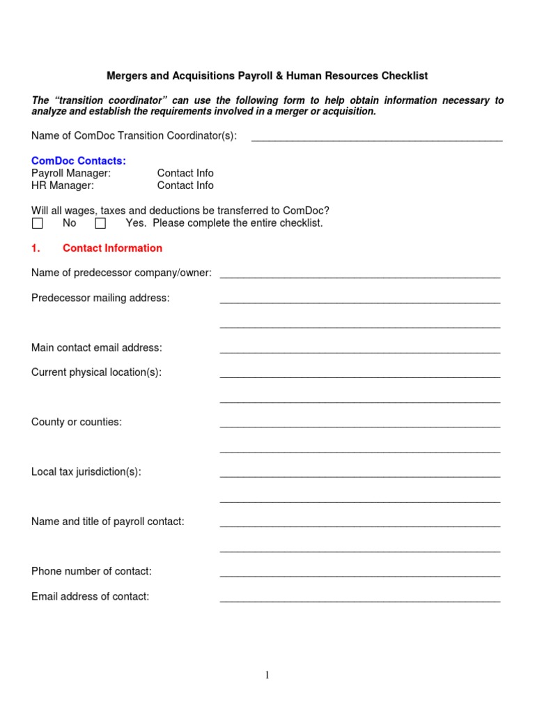 HR Generic Payroll Mergers and Acquisitions Checklist Rev 09 08 ...