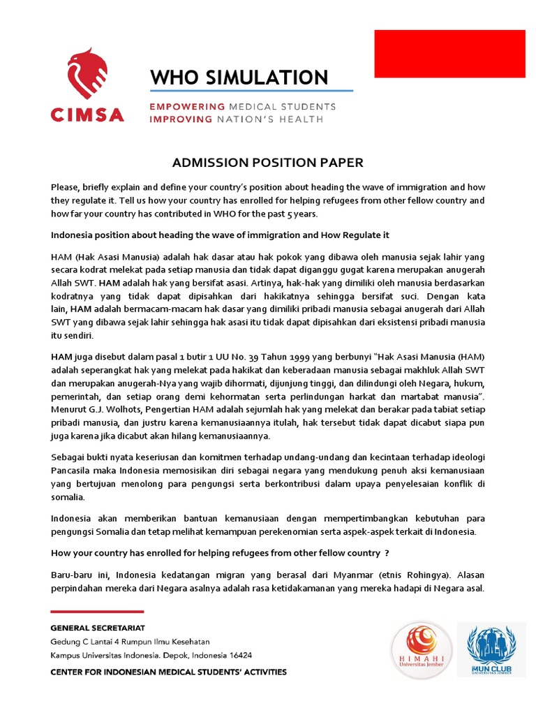 Admission Position Paper For Indonesia Delegates | PDF