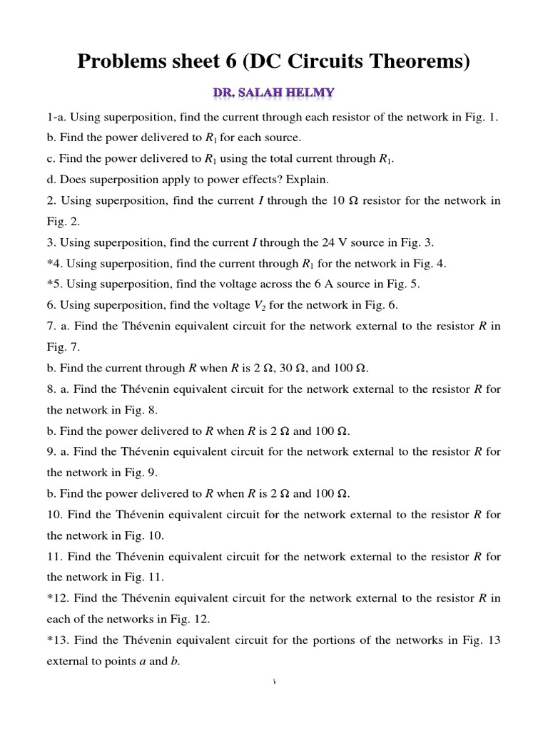 Problems Sheet 6 (DC Circuits Theorems) : For The Network in Fig. 6 ...