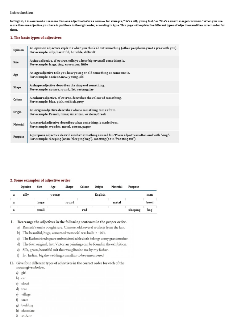 Adjective Categories and Exercise | PDF