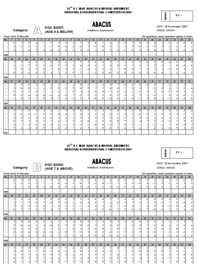 Category: Kg2/ Basic (Age 6 & Below) : 14 U C Mas Abacus & Mental Arithmetic National ...