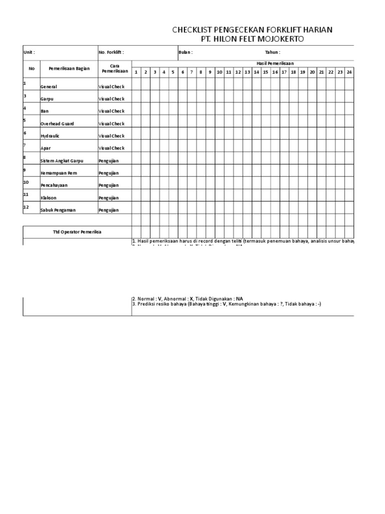 Checklist Harian Forklift PT. HILON | PDF