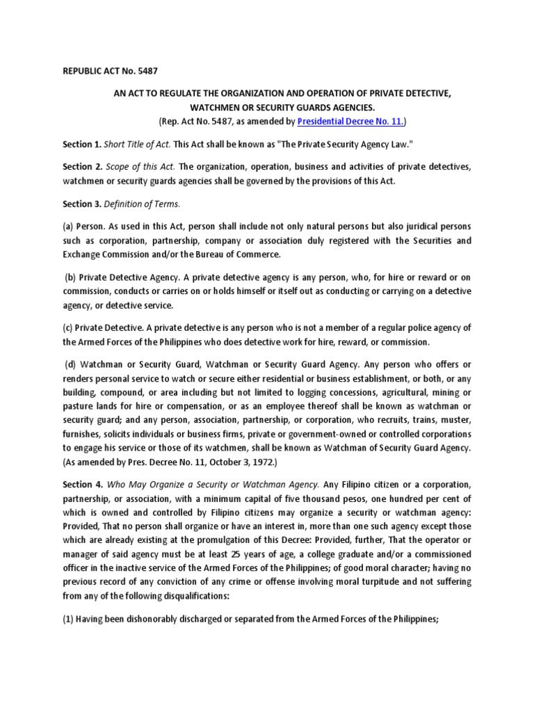 Security Agency Law RA 5487 | PDF | Security Guard | Private Investigator