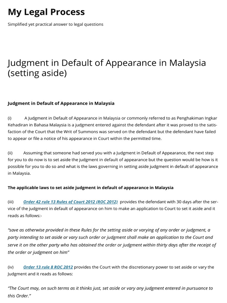 Judgment in Default of Appearance in Malaysia (Setting Aside) | PDF | Judgment (Law) | Common Law