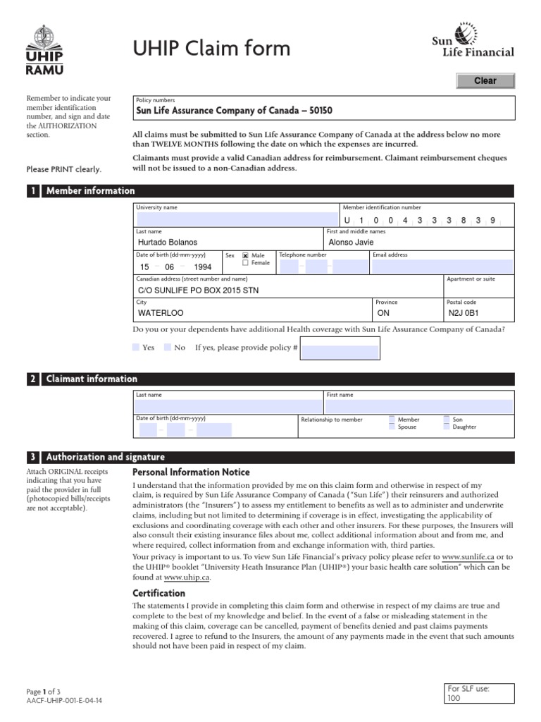 UHIP Claim Form: Sun Life Assurance Company of Canada - 50150 | PDF ...