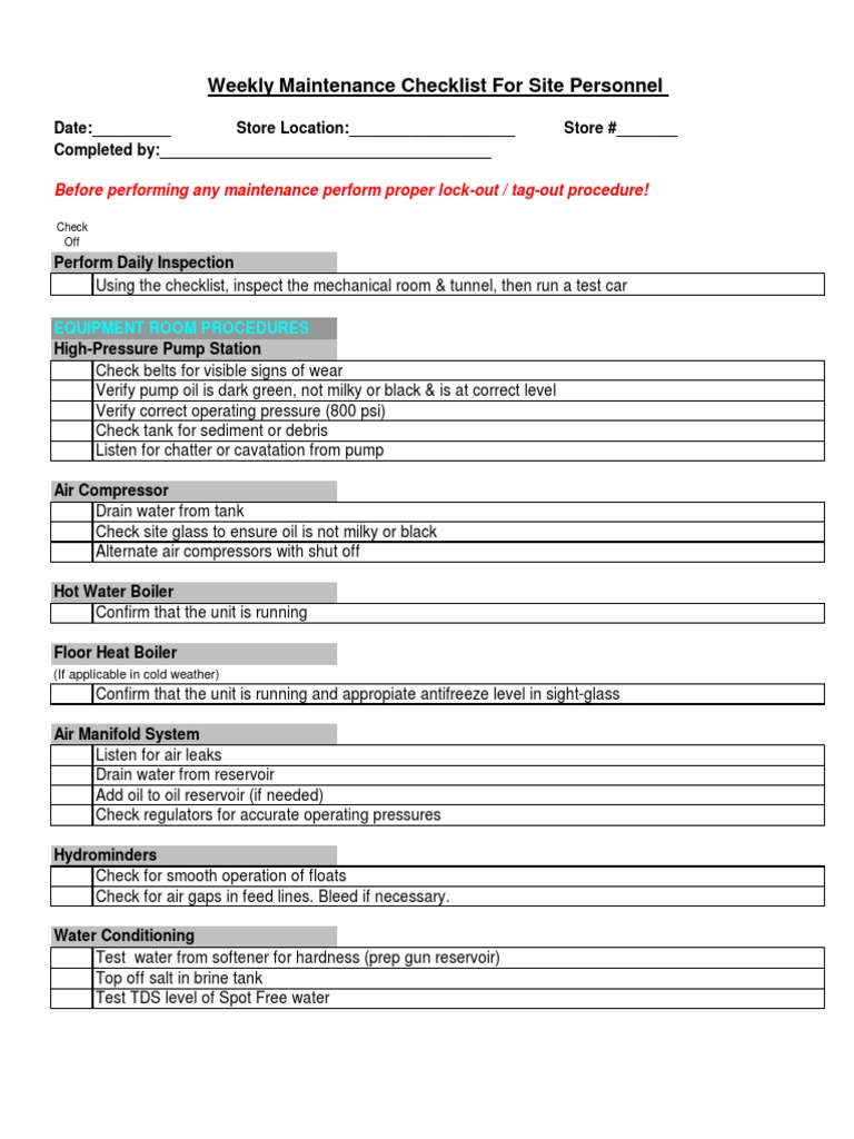 Weekly Maintenance Checklist Template | PDF | Bearing (Mechanical ...