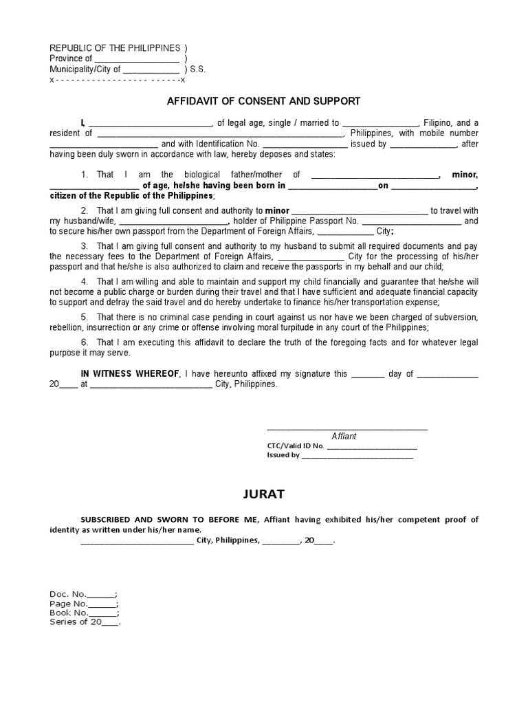 Affidavit of Consent DFA Passport Blank Format | PDF | Passport | Affidavit