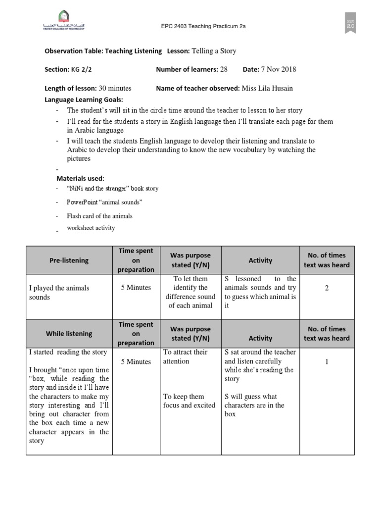 Teaching Listening: Storytelling Lesson Plan | PDF | Attention | Teachers