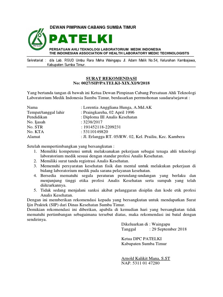 Surat Rekom SIP Patelki Helen | PDF