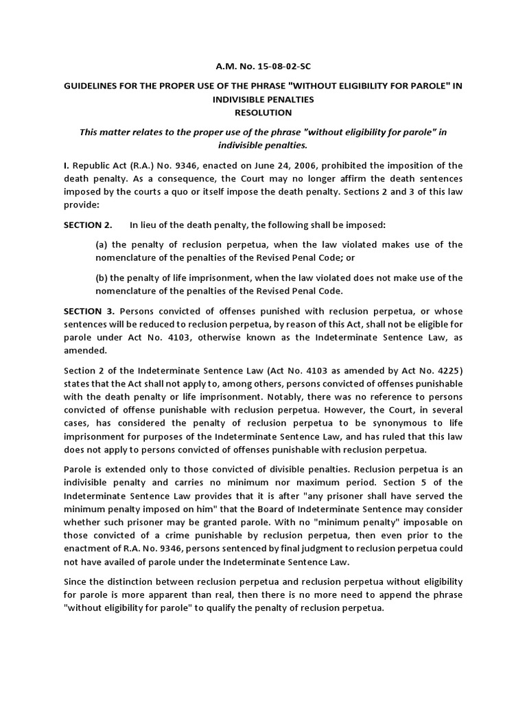 SC Guidelines On Use of Term Without Eligibility For Parole | PDF ...