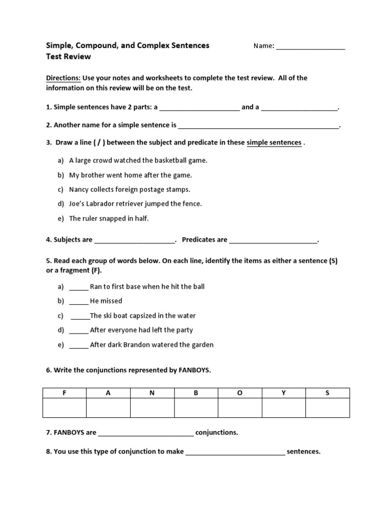Simple Compound Complex Test Review | PDF | Sentence (Linguistics ...