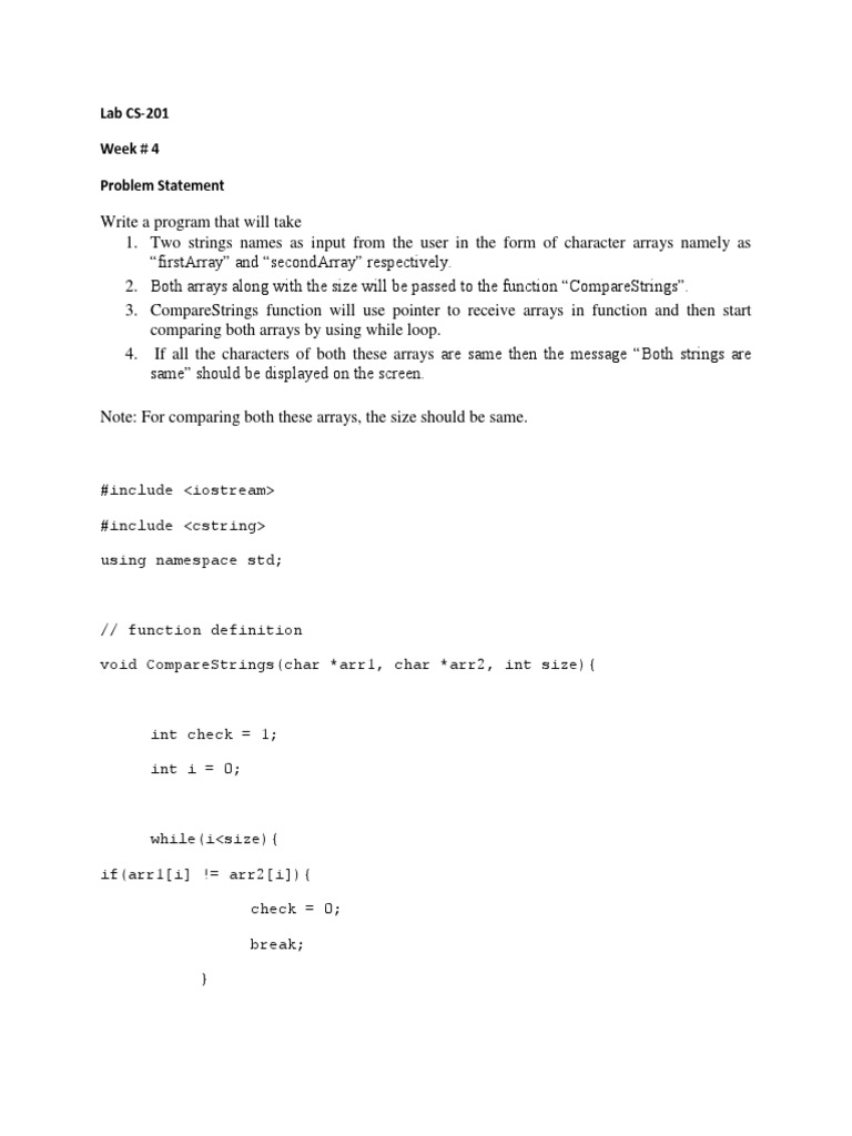 Lab CS-201 Week # 4 Problem Statement: #Include #Include Using Namespace STD | PDF | Subroutine ...