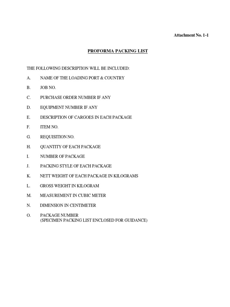 Proforma Packing List: Attachment No. 1-1 | Download Free PDF | Cargo ...