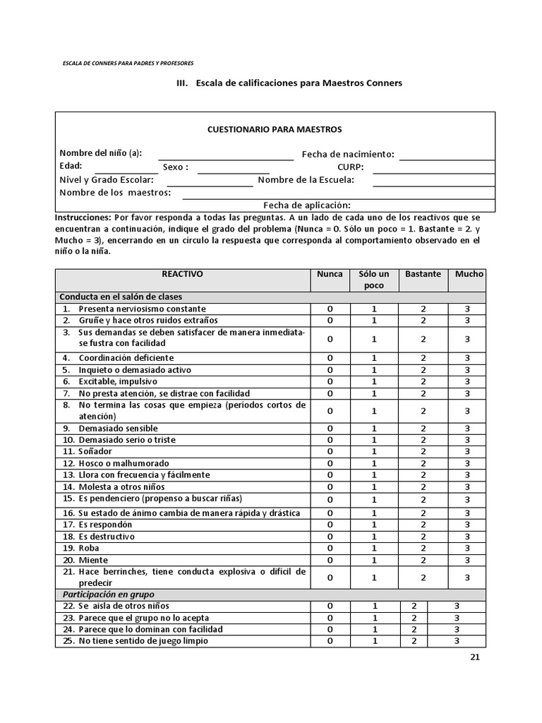 Escala Conners - Maestros | PDF