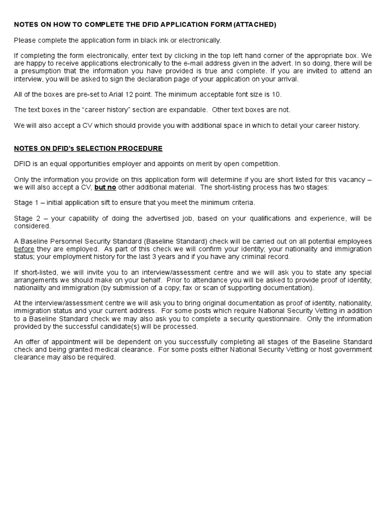 DFID Application Form Completion Guide | PDF | Recruitment | Information