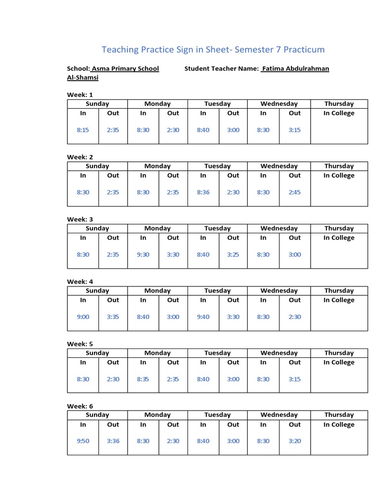 Teaching Practice Sign in Sheet | PDF