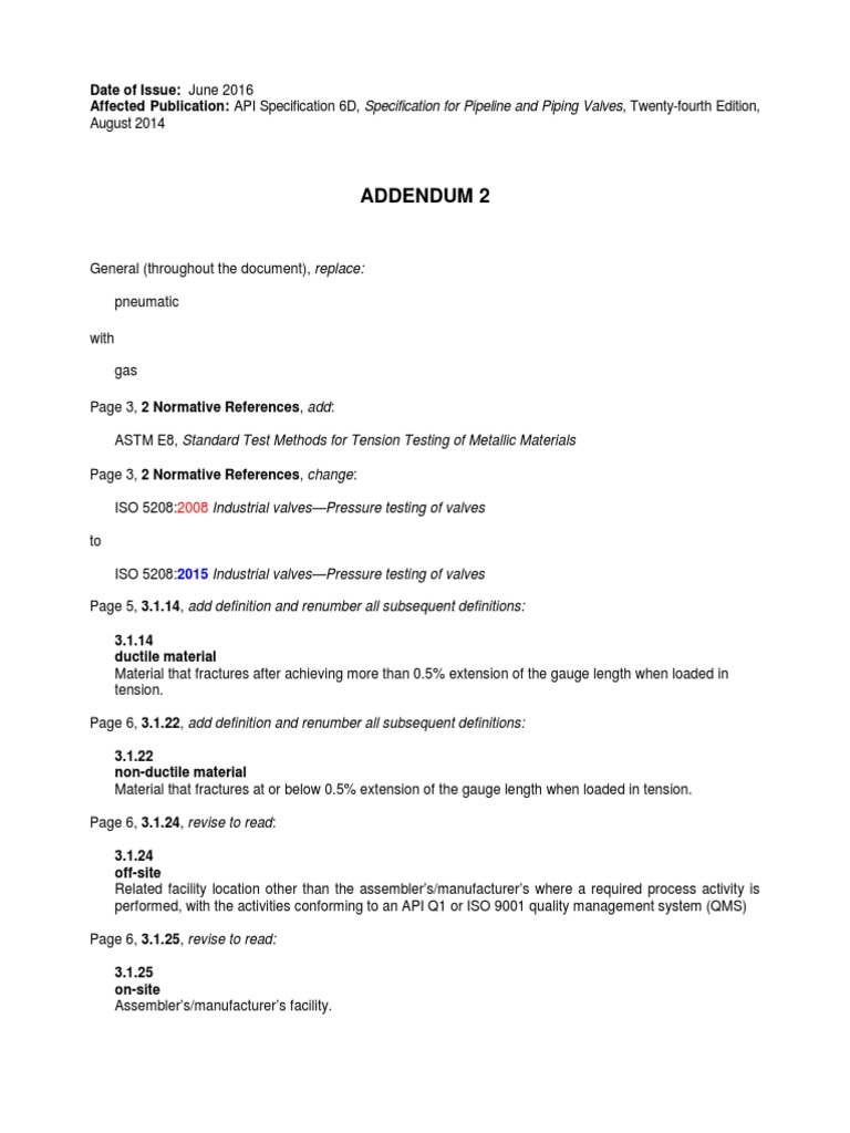 API Specification 6D Addendum 2 | PDF | Ultimate Tensile Strength | Valve