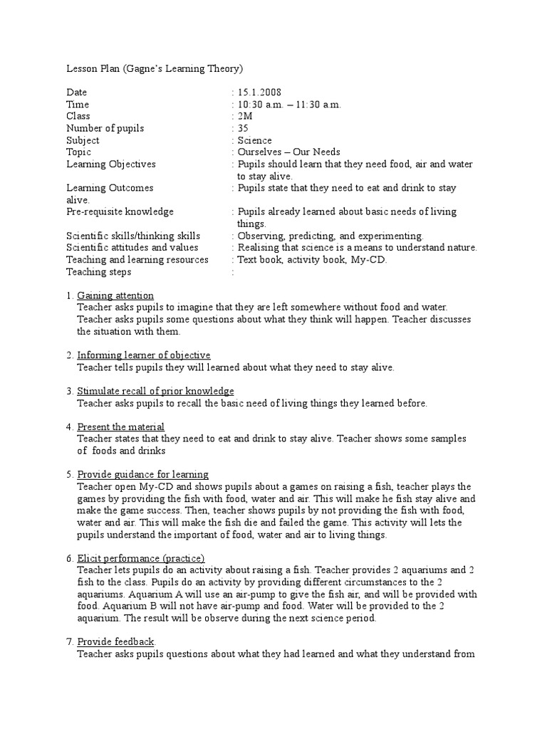 Lesson Plan Gagne | PDF | Lesson Plan | Learning Theory (Education)