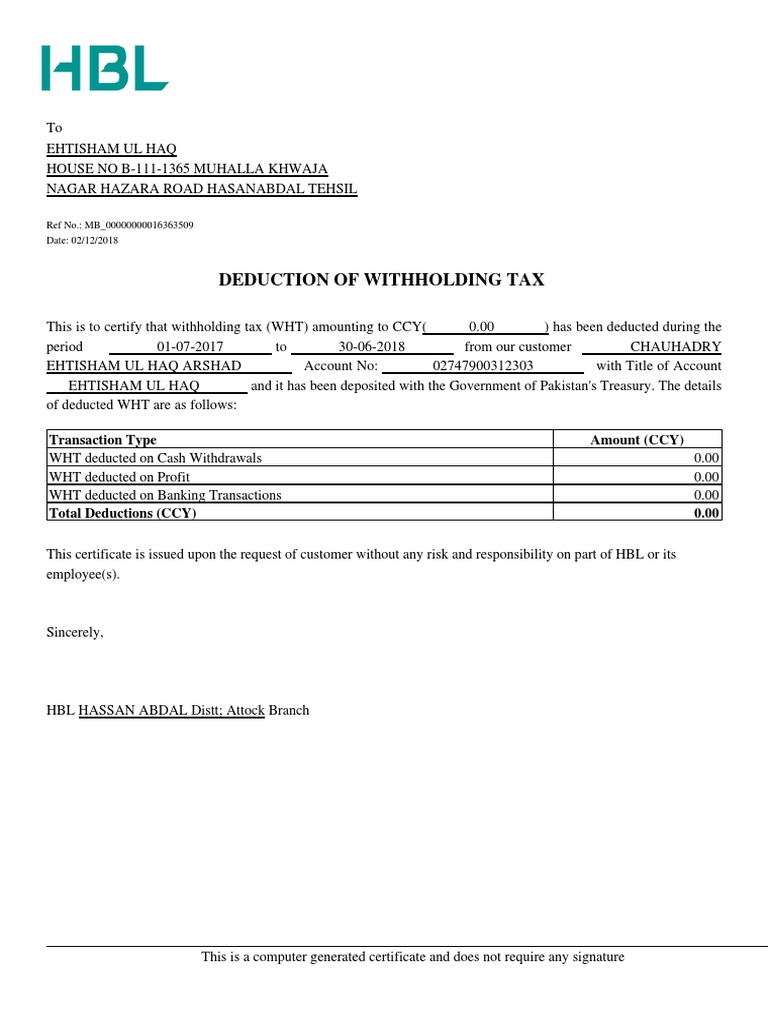 Deduction of withholding tax certificate for Ehtisham Ul Haq | PDF ...