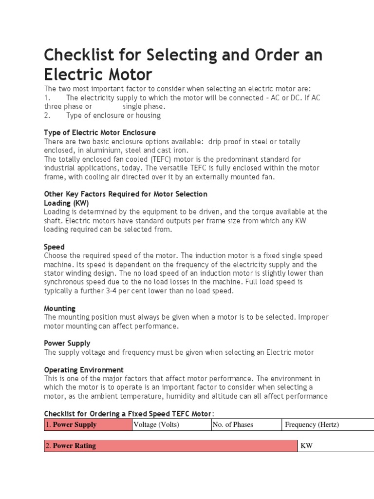 Checklist For Selecting and Order An Electric Motor | PDF | Electric ...
