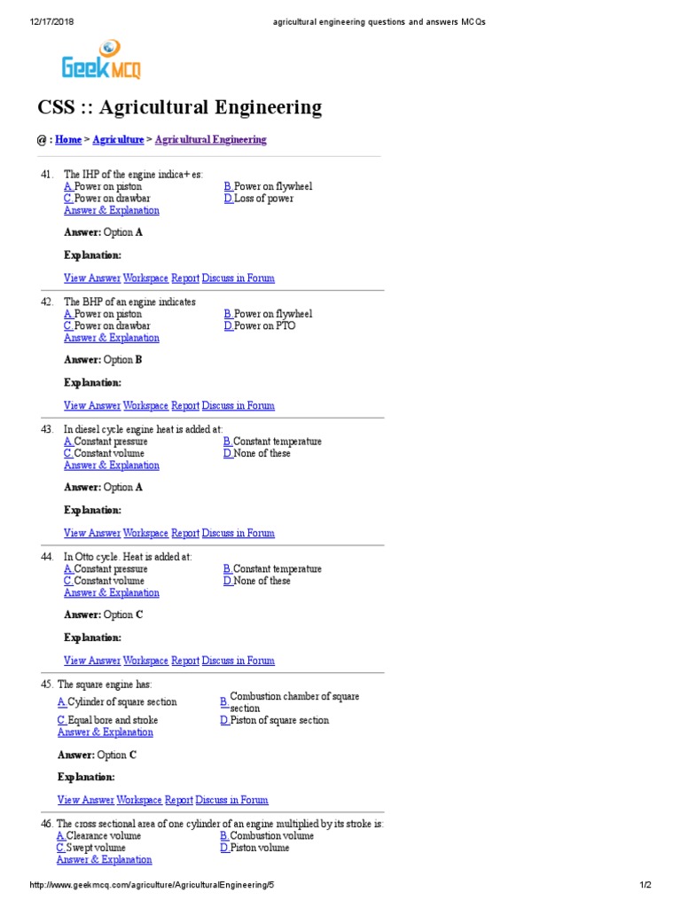 Agricultural Engineering Questions and Answers MCQs4 | PDF | Cylinder ...