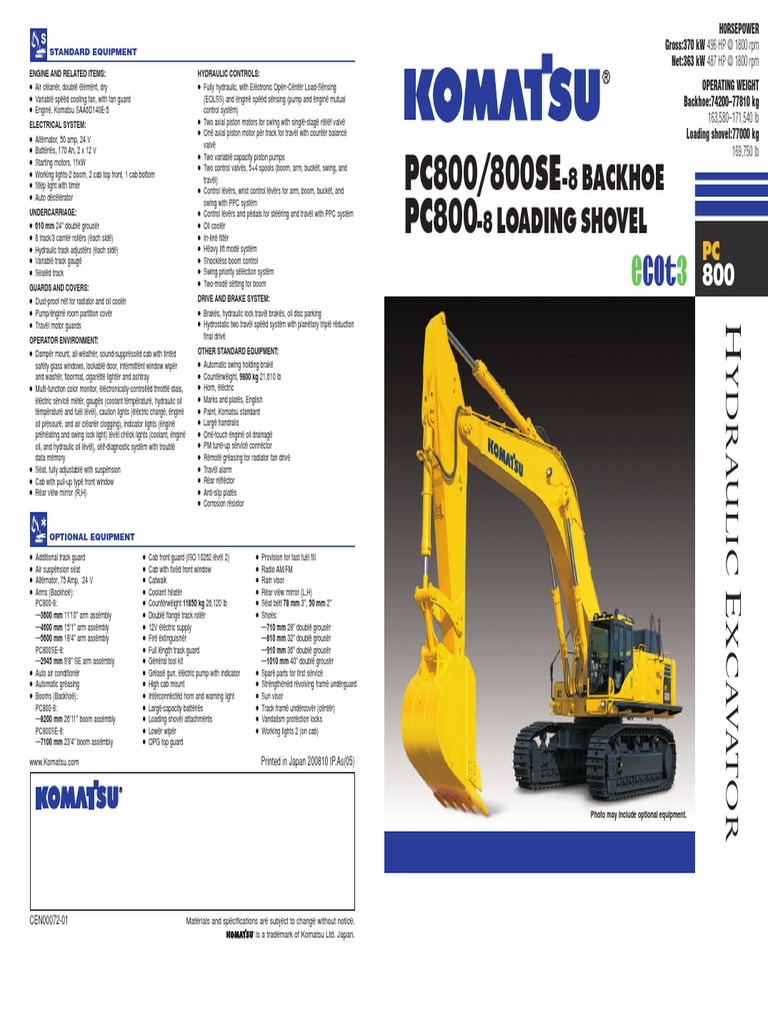 Komatsu PC800 Excavator Specs | PDF | Electrical Connector | Engines