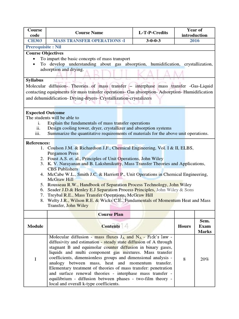 Mass Transfer Operations Course CH303 | PDF | Mass Transfer | Adsorption