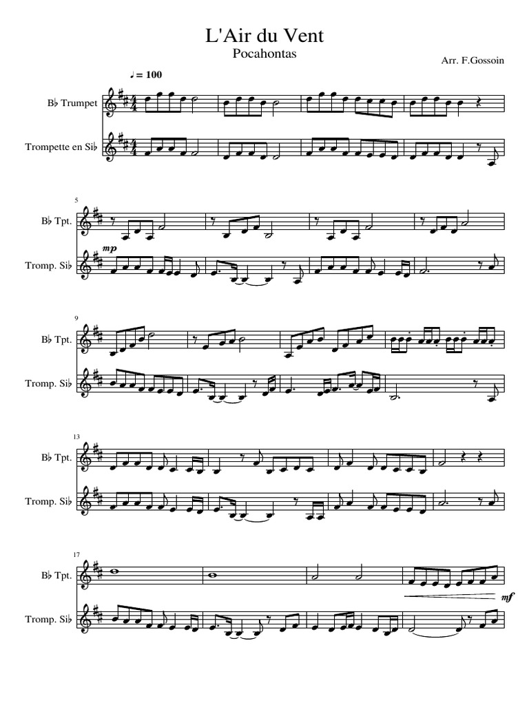 Pocahontas - LAir Du Vent - Colors of The Wind - Trumpet Duo | PDF