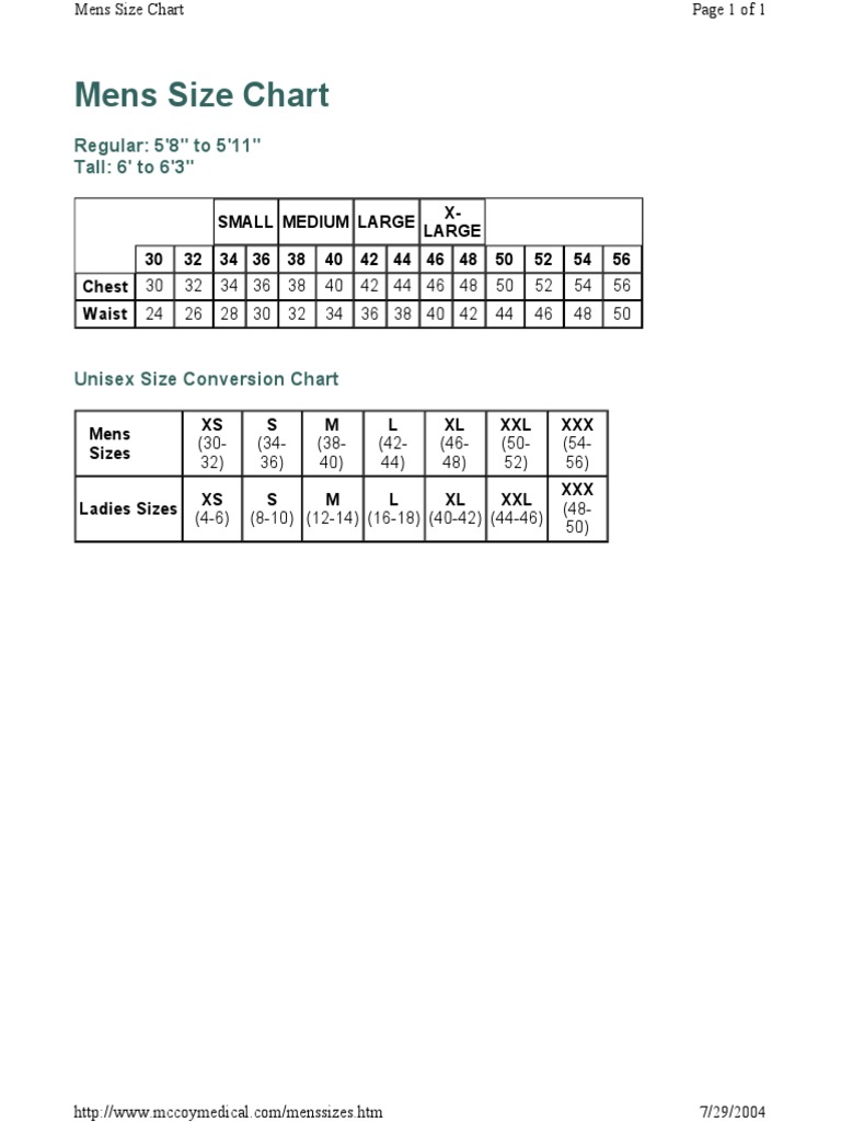 Mens Size Chart: Regular: 5'8" To 5'11" Tall: 6' To 6'3" | PDF