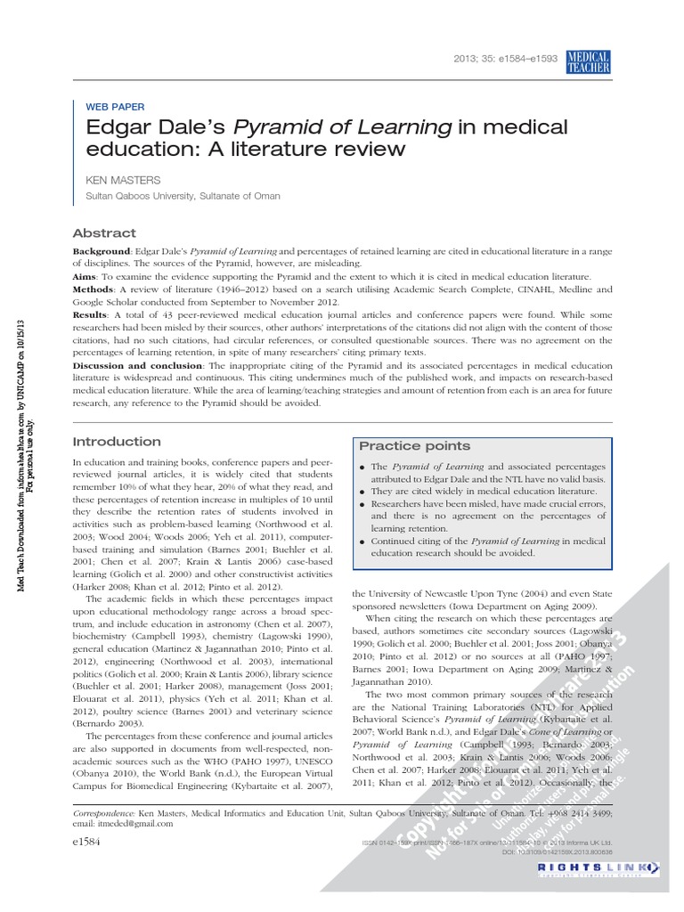 Edgar Dale's Pyramid of Learning in Medical Education: A Literature ...