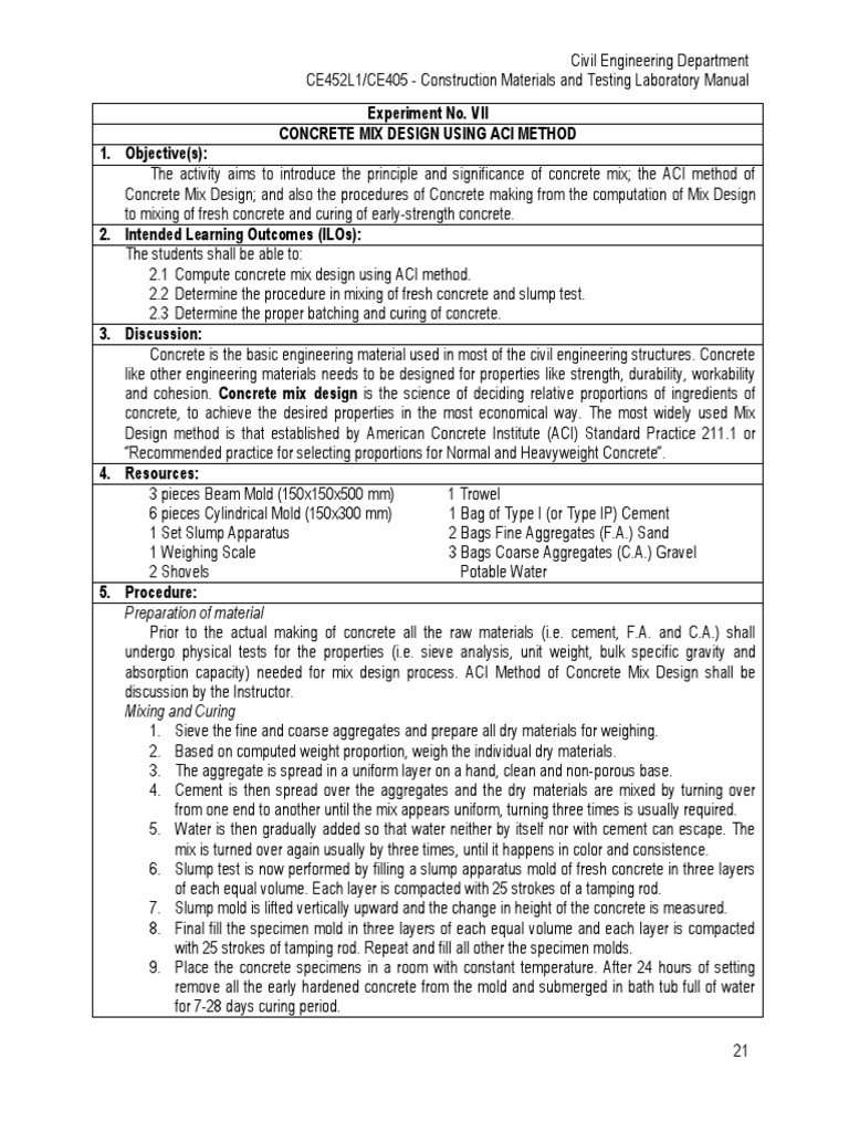 Experiment No. VII Concrete Mix Design Using Aci Method 1. Objective(s ...