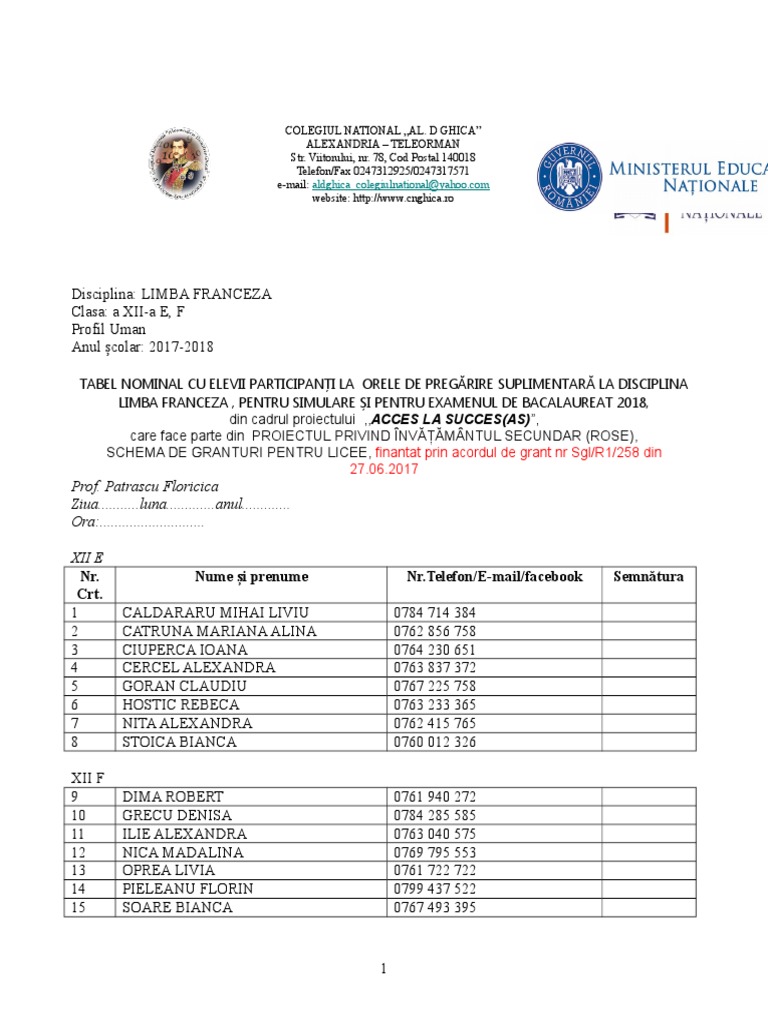 Tabel Elevi ROSE | PDF