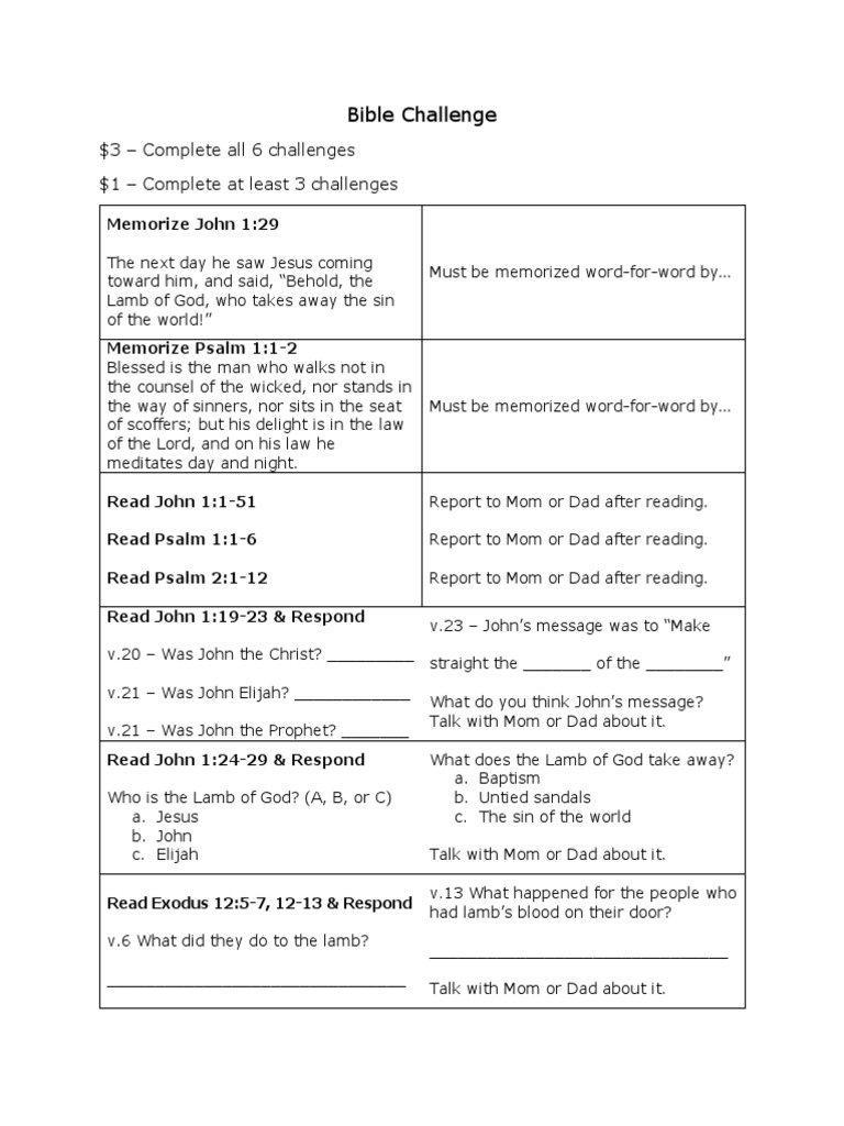 Bible Challenge: Scripture Memorization Tasks | PDF