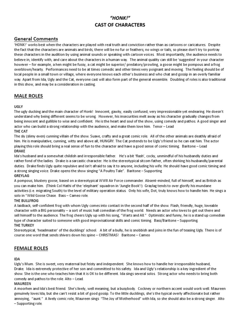 HONK Character Descriptions | PDF | Leisure | Entertainment (General)