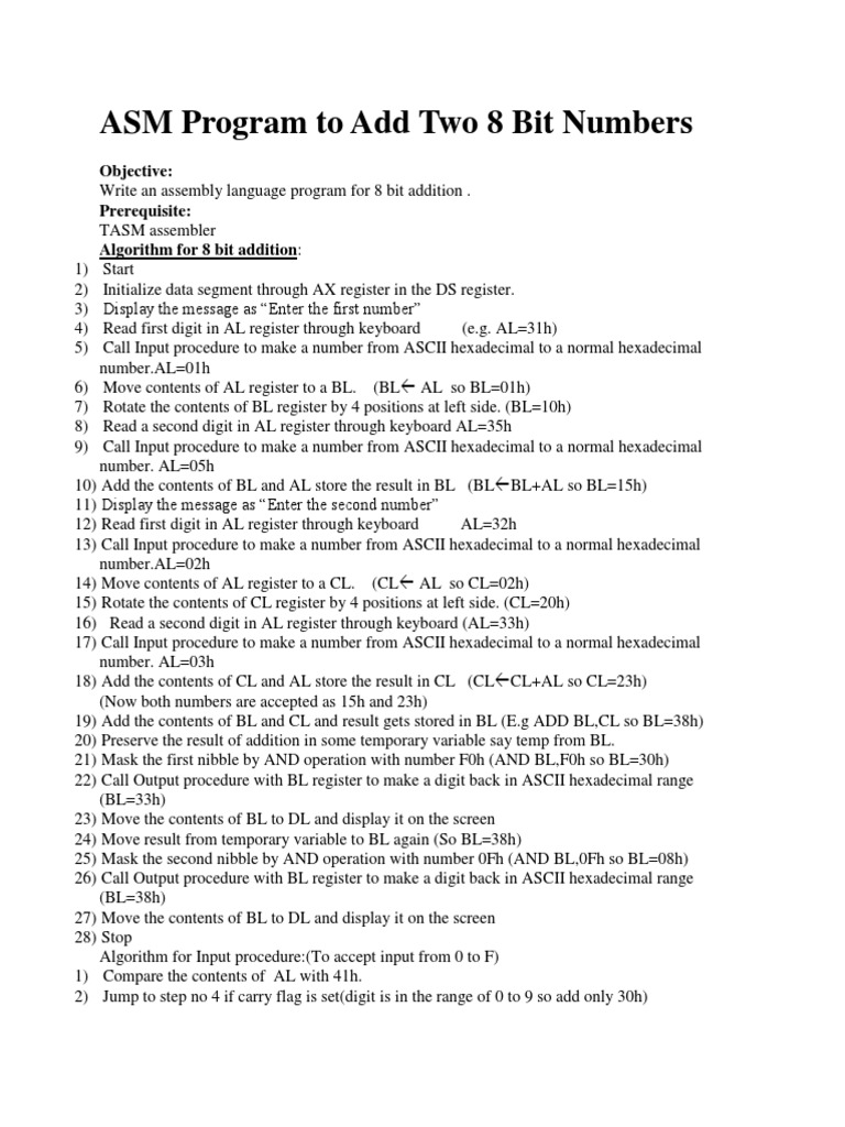 8086 TASM Program To Add Two 8 Bit Numbers | PDF | Assembly Language | Integer (Computer Science)