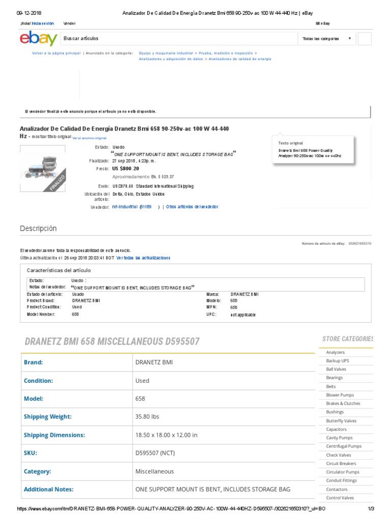 Analizador de Calidad de Energía Dranetz Bmi 658 90-250v-Ac 100 W 44 ...