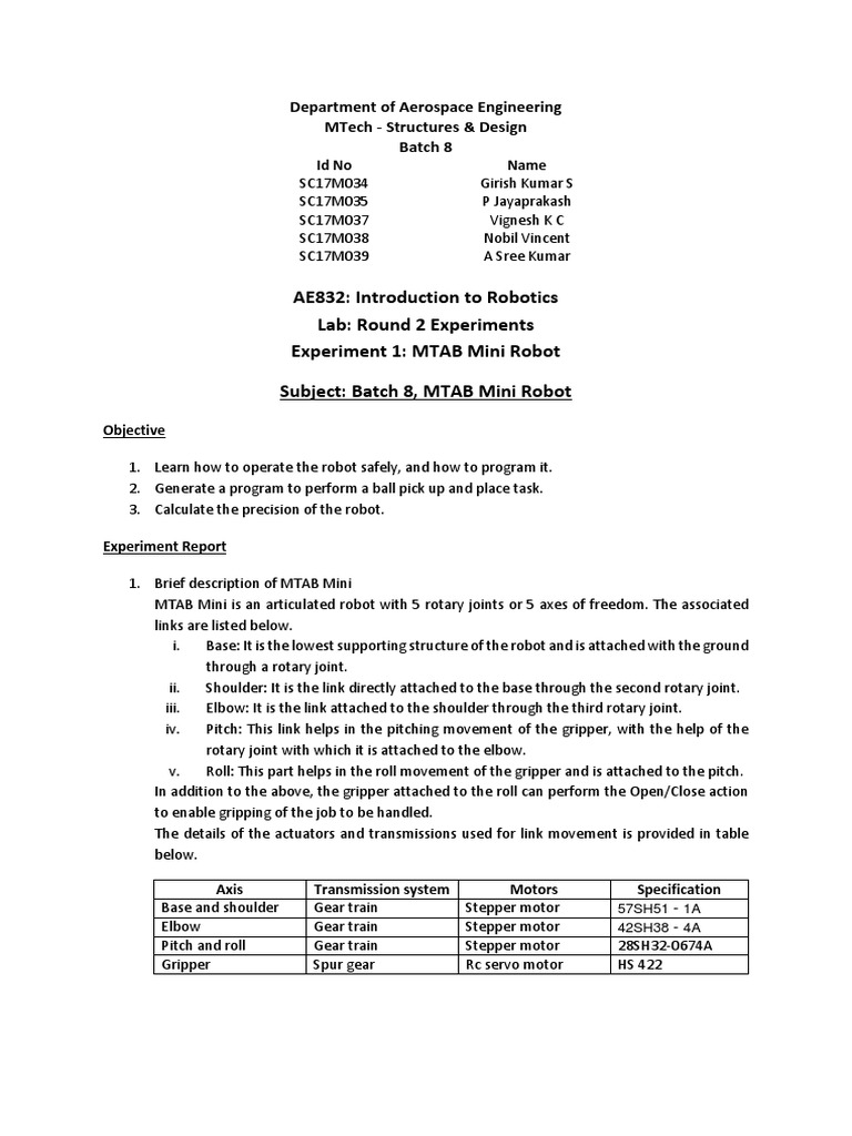 AE832: Introduction To Robotics Lab: Round 2 Experiments Experiment 1 ...