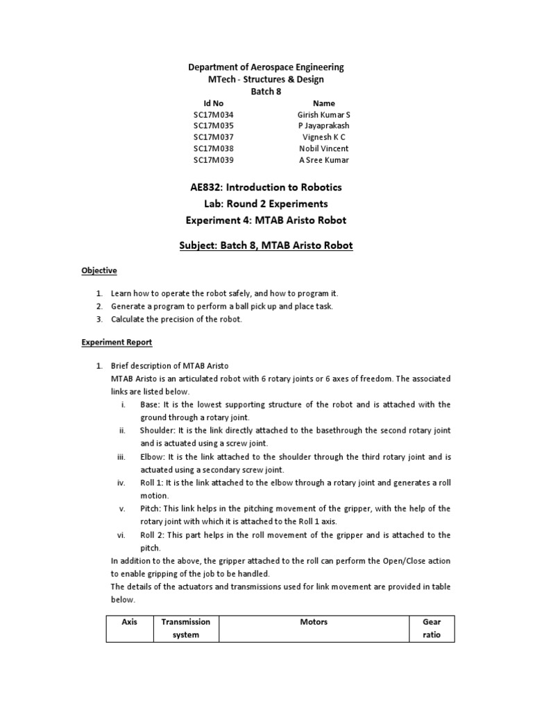 AE832: Introduction To Robotics Lab: Round 2 Experiments Experiment 4: MTAB Aristo Robot Subject ...