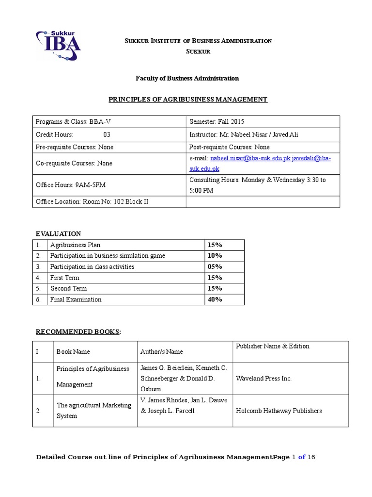 Principles of Agribusiness Management-BBA & MBA Course outline Fall ...