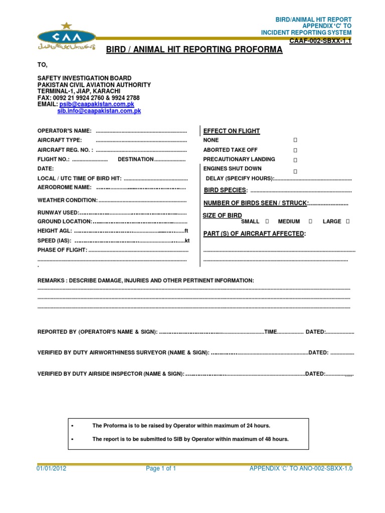Bird/Animal Strike Reporting Form: Instructions and Template for ...