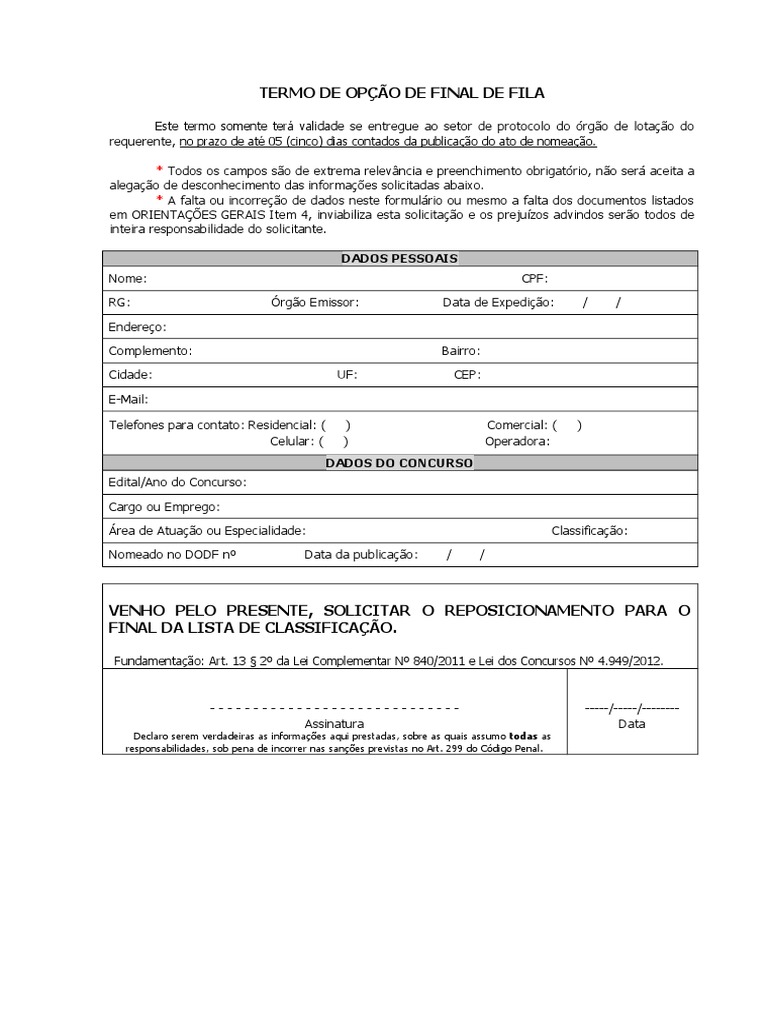 Termo de Opção de Final de Fila | PDF | Estatuto | Governo