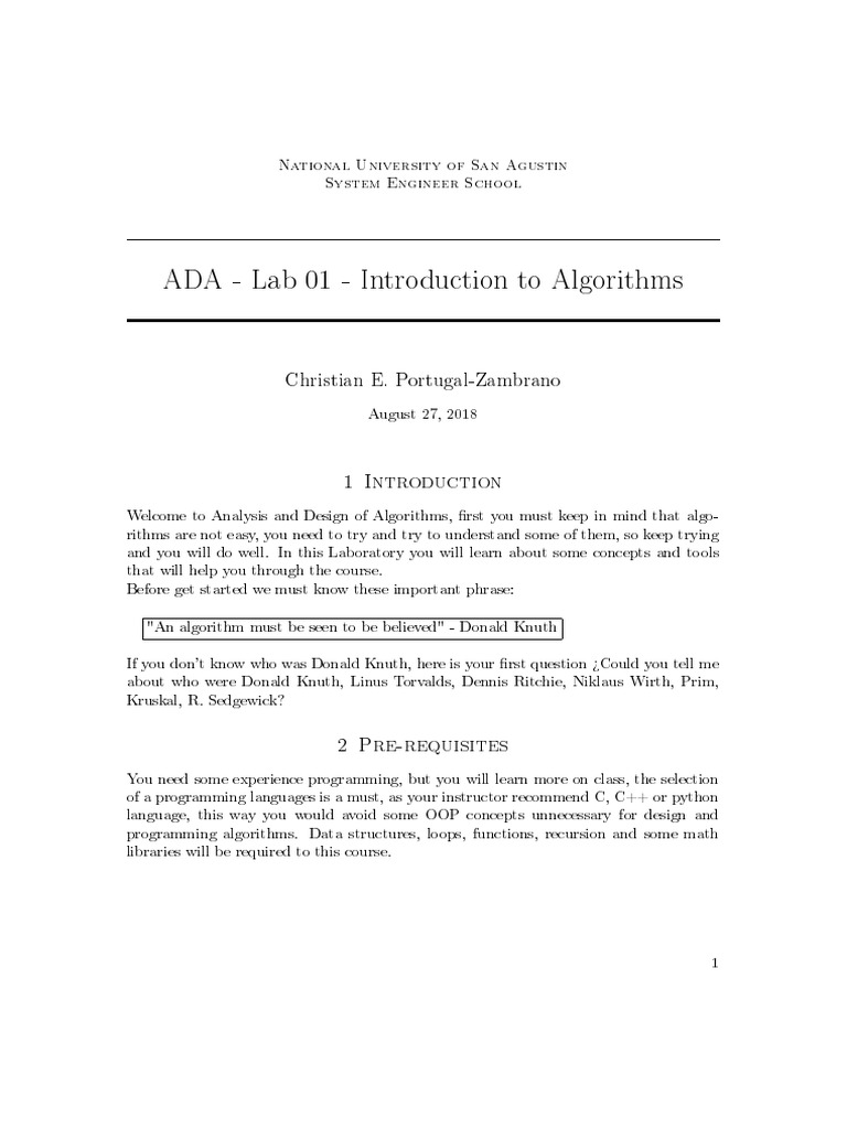 ADA - Lab 01 - Introduction To Algorithms: Christian E. Portugal-Zambrano | Download Free PDF ...