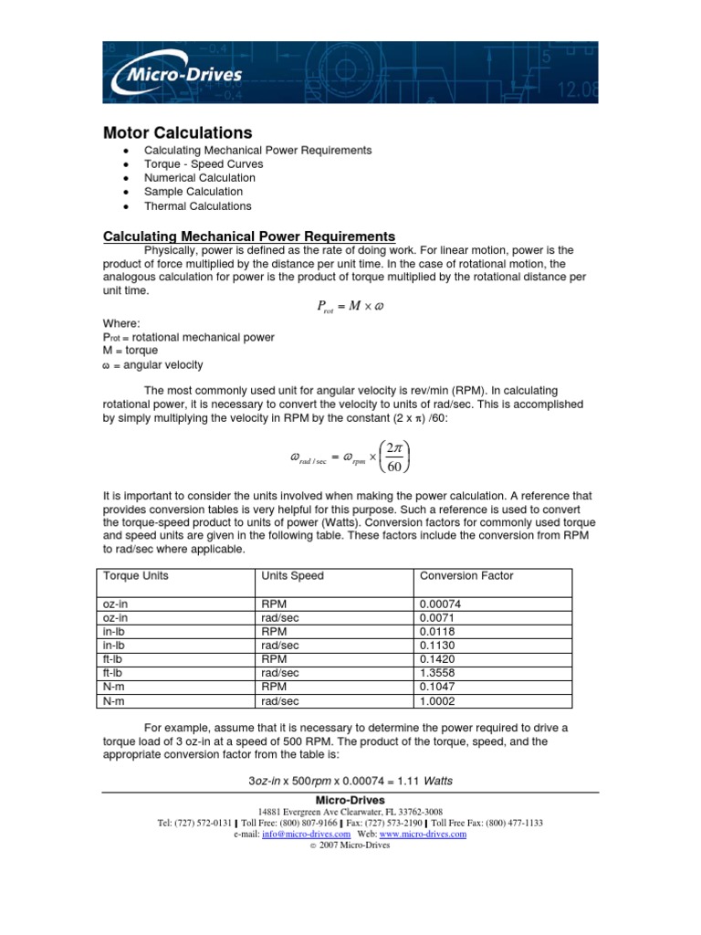 Motor Calcuations | PDF | Power (Physics) | Torque
