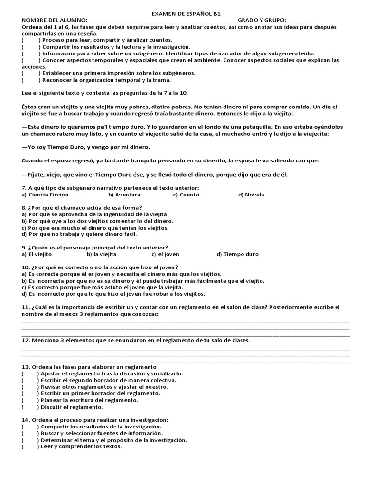 Examen de Español b1 | PDF | Cuentos