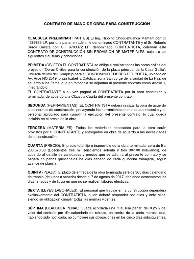 Contrato de Mano de Obra para Construcción | PDF