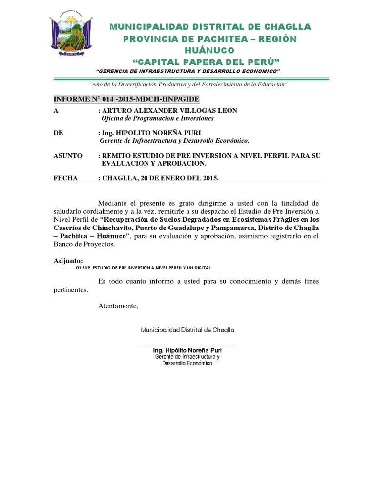 INFORME #014 Remito Estudio de Pre Inversion A Nivel Perfil para Su ...