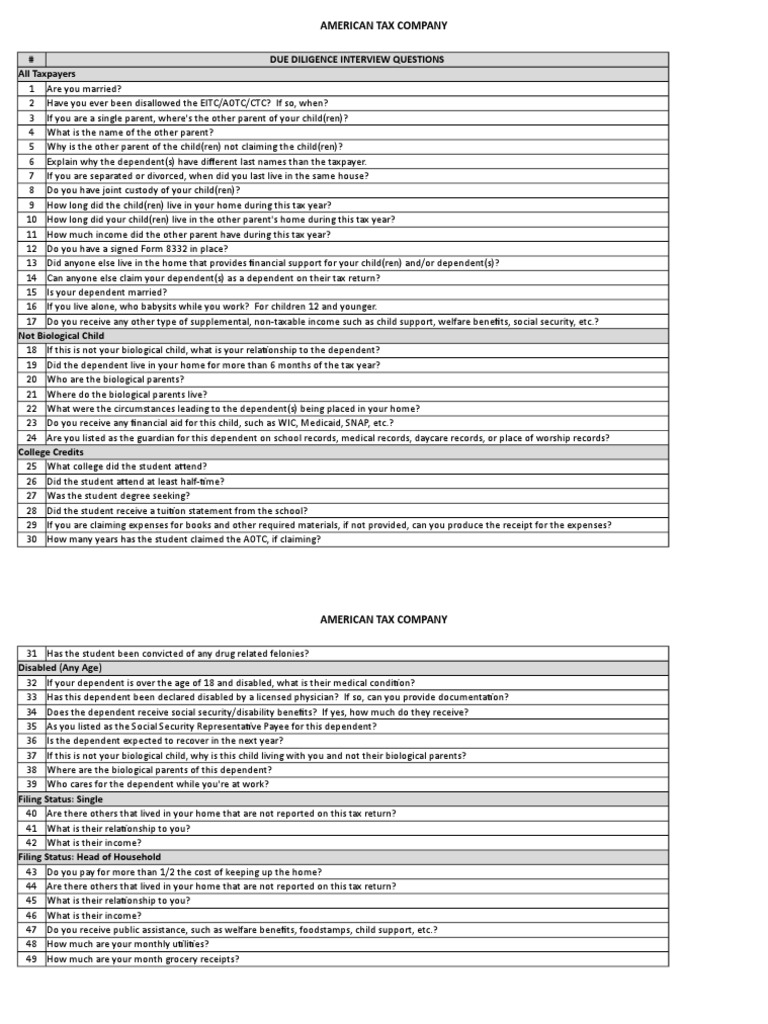 Due Diligence Question Page | PDF | Earned Income Tax Credit | Social ...